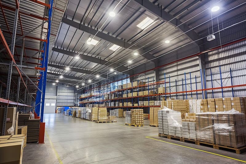 Empty Huge Distribution Warehouse with High Shelves and Pallet, Modern ...