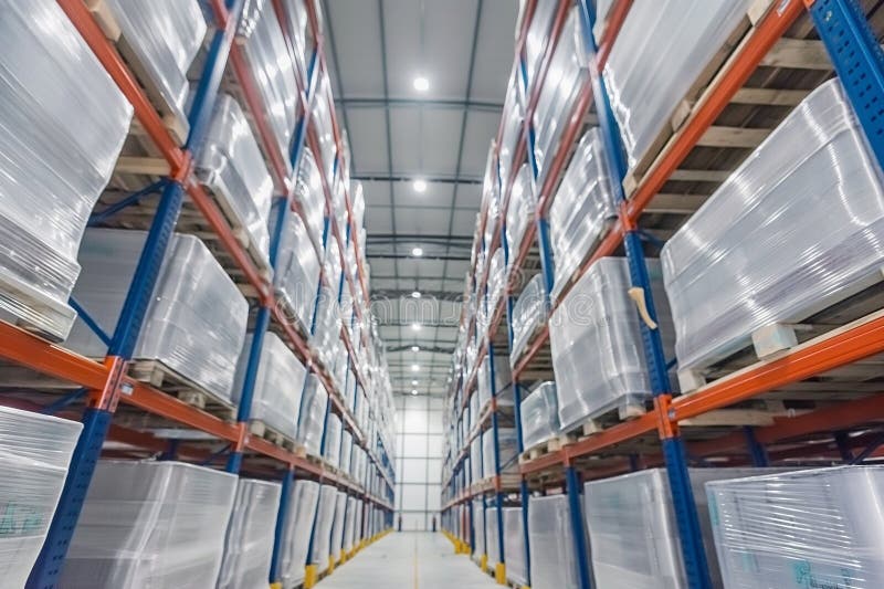 Empty Huge Distribution Warehouse with High Shelves and Pallet, Modern ...