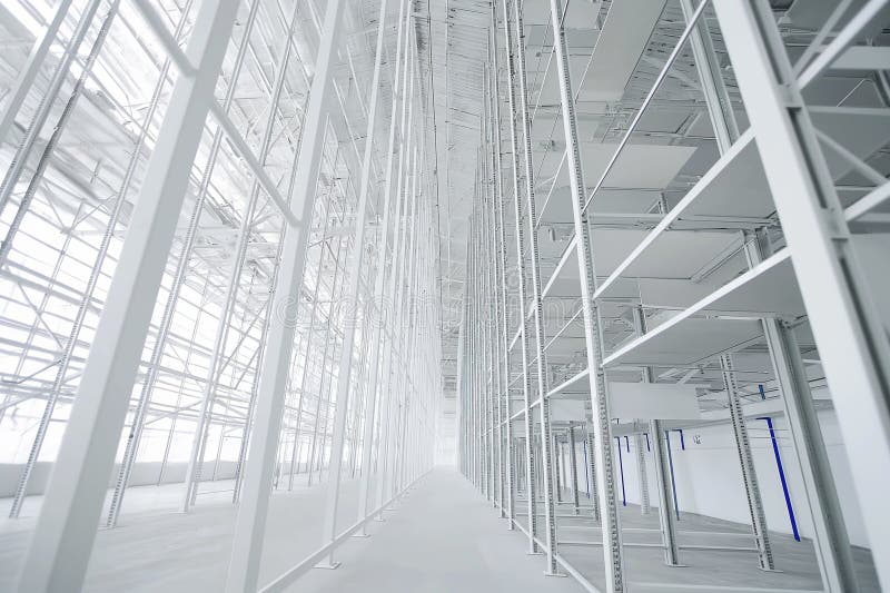 Empty Huge Distribution Warehouse with High Shelves and Pallet, Modern ...