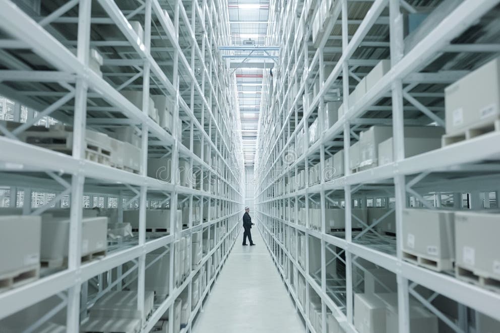 Empty Huge Distribution Warehouse with High Shelves and Pallet, Modern ...