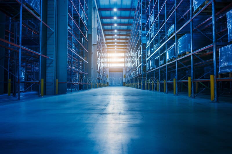 Empty Huge Distribution Warehouse with High Shelves and Pallet, Modern ...