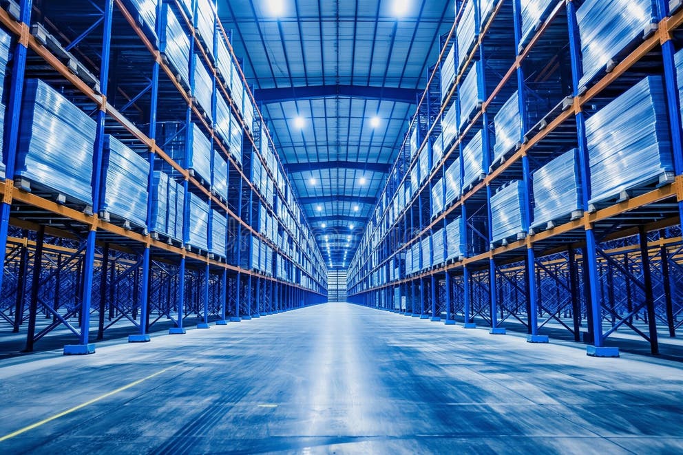 Empty Huge Distribution Warehouse with High Shelves and Pallet, Modern ...