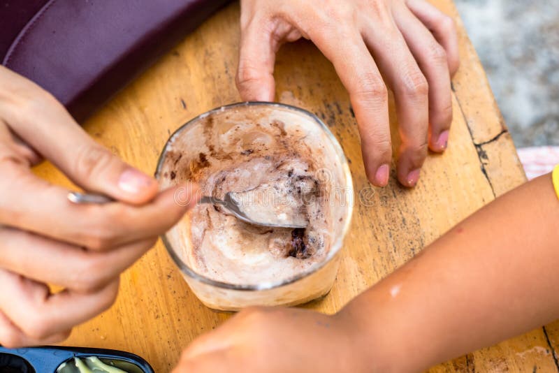 Empty Ice Cream Container. Hand Use Spoon Pick Ice Cream Chocolate ...