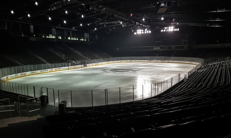 Empty Ice Hockey Rink with Illuminated Arena, Dark Seating, and ...