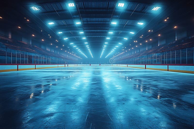 Empty Ice Hockey Rink Interior with Blue Ice Surface and Overhead ...