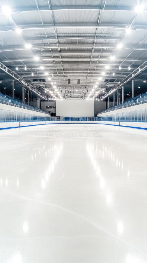 Empty Ice Rink Illuminated by Strong Stadium Lights Reflecting on the ...
