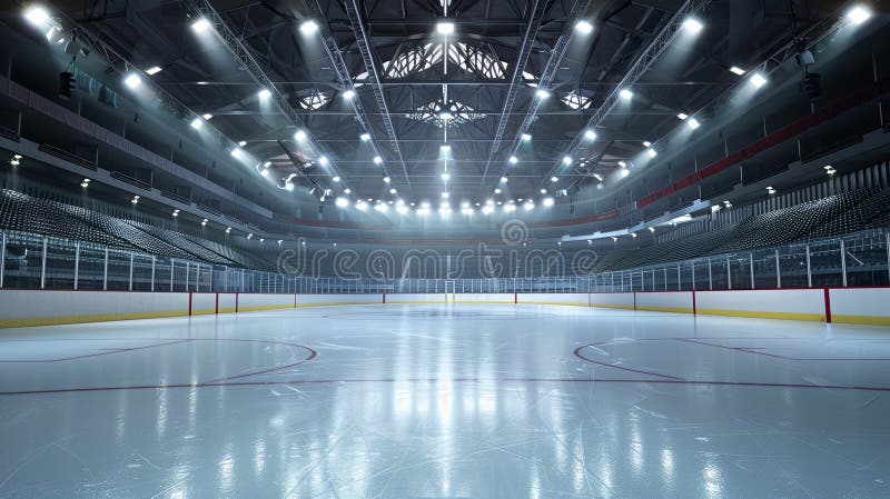 An Empty Ice Rink in a Large, Well-lit Hockey Stadium with Rows of ...