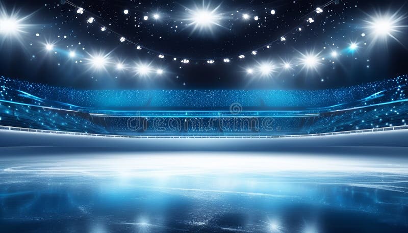 Empty Ice Rink Under Bright Spotlights, Set Against a Dark Winter ...