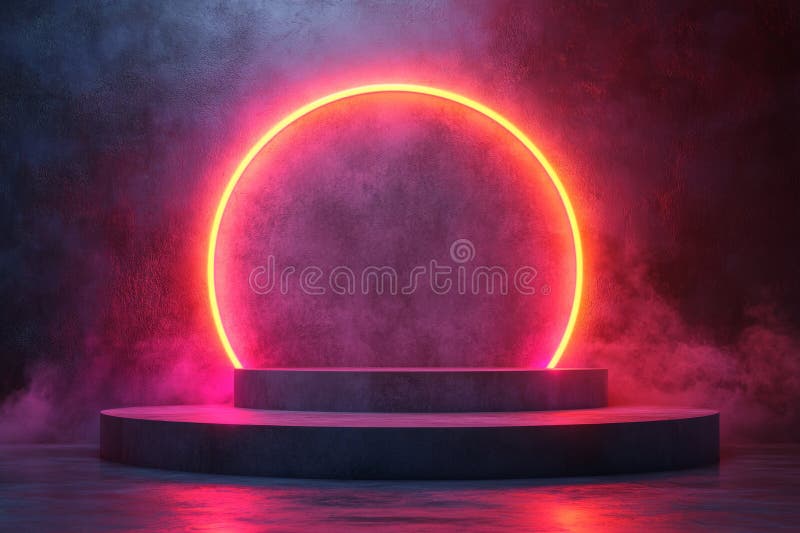Empty Illuminated Round Stage with Smoke and Neon Lights Illuminating a ...
