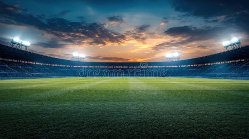 Empty Illuminated Stadium Field Under Dramatic Sunset Sky before ...
