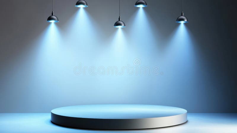 Empty Illuminated Stage with Blue Lights and Circular Platform Stock Photo - Image of scene ...