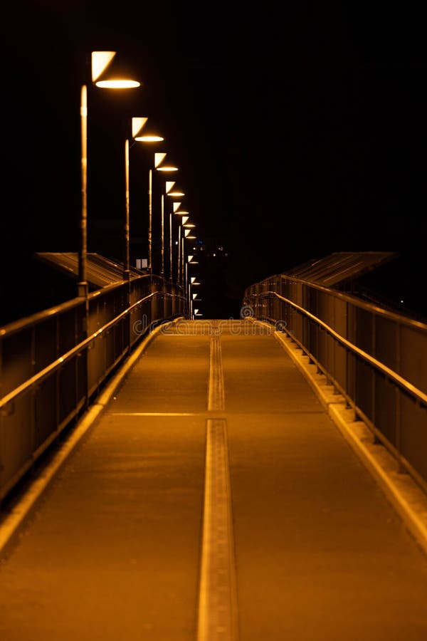 Empty Illuminated Walkway in the Night Stock Image - Image of pathway ...