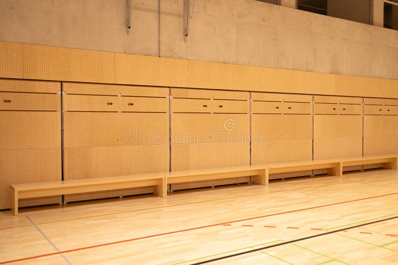 Empty Indoor Gymnasium with Wooden Benches Stock Image - Image of ...
