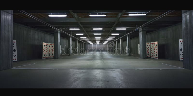 Empty Indoor Shooting Range with Targets on Walls. Concrete Structure ...