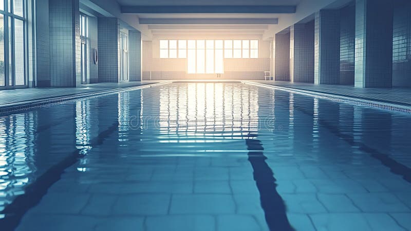 Empty Indoor Swimming Pool Reflecting Sunlight from Large Windows Stock ...