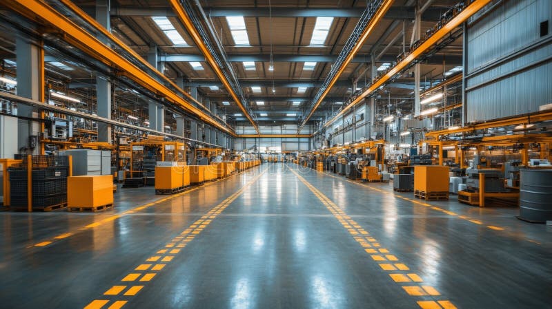 Empty Industrial Factory with Yellow Lines and Overhead Cranes Stock ...