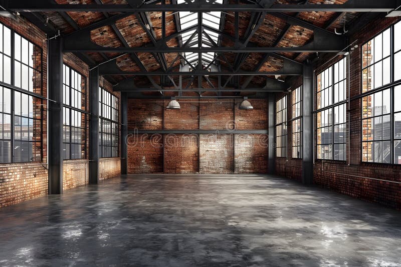 Empty Industrial Loft with Brick Walls and Large Windows Stock ...