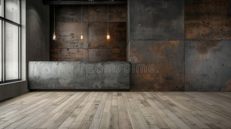 Empty Industrial Loft Interior with Large Window, Rustic Wooden Floor ...