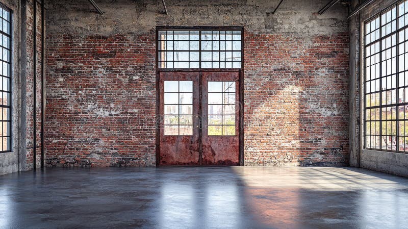 Empty Industrial Loft Space with Brick Wall and Large Windows Stock ...