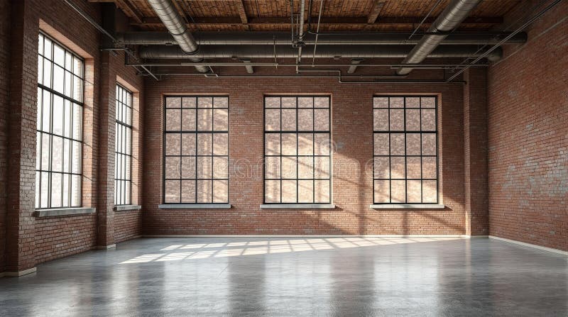 Empty Industrial Loft Space with Brick Walls and Concrete Floor Stock ...