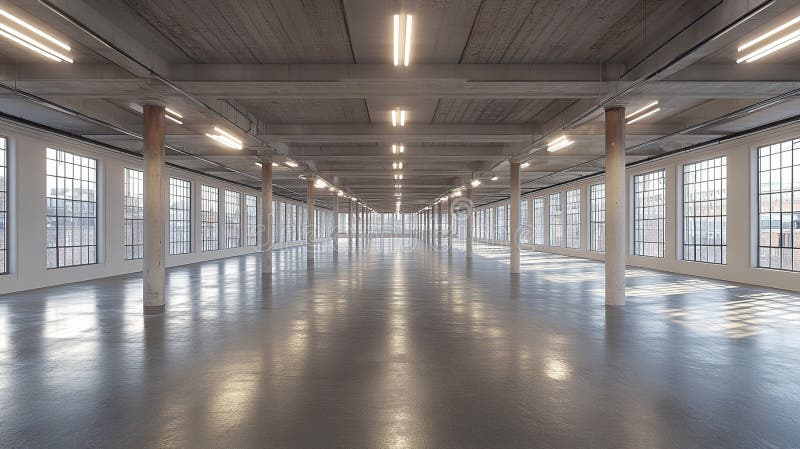 Empty Industrial Loft Space with High Ceilings and Large Windows Stock ...