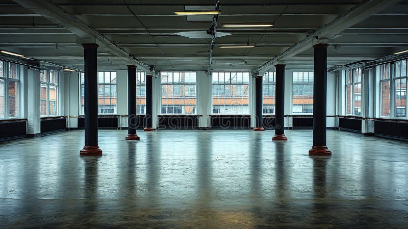 Empty Industrial Loft Space with Large Windows and Pillars Stock ...