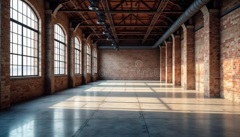Empty Industrial Loft Style Warehouse Interior. Sunlight Shines through ...
