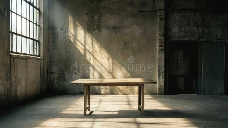 Lonely Wooden Table in an Empty Sunlit Industrial Room Stock ...