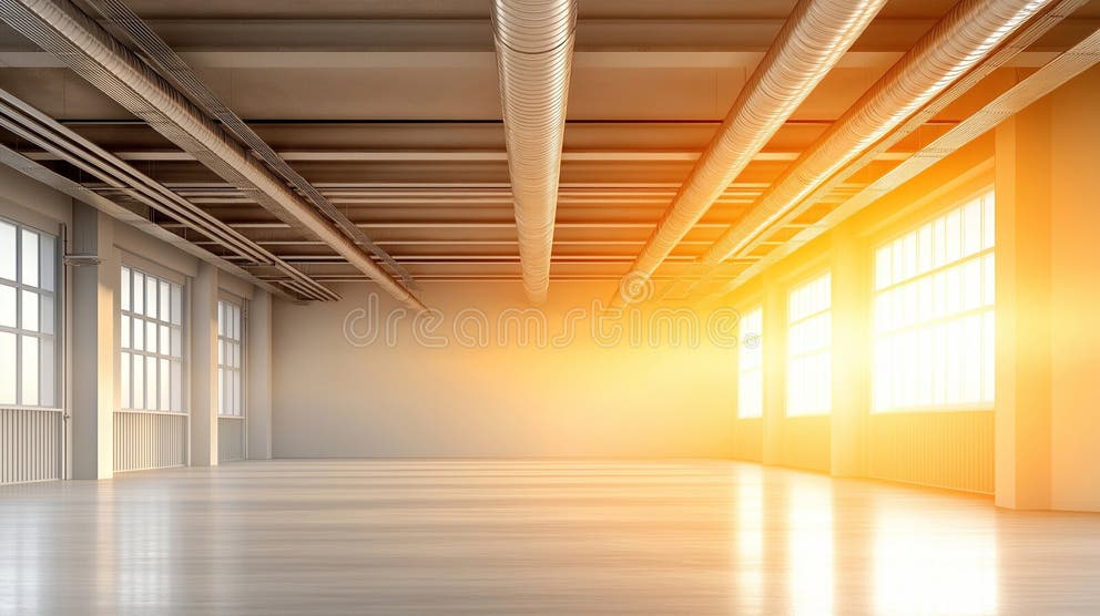 Empty Industrial Space with High Ceilings, Wide Rectangular Vents, and ...