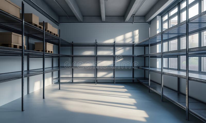 Empty Industrial Storage Room Metal Shelves Natural Light Stock Photos ...