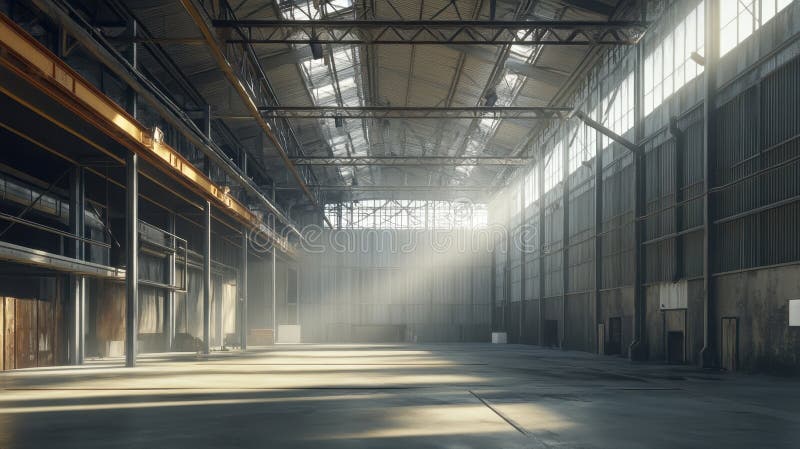 An Empty Industrial Warehouse with Beams of Light Streaming through ...