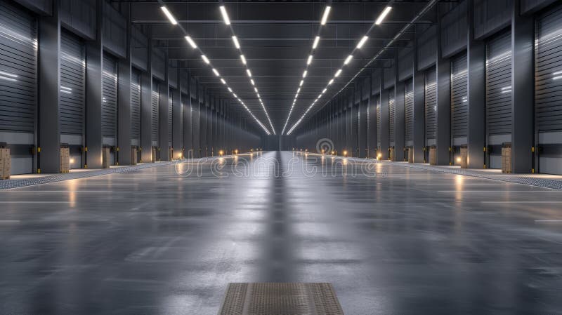 Empty Industrial Warehouse with Concrete Floor and Bright Lighting ...