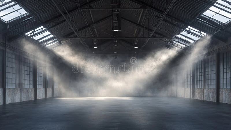 Empty Industrial Warehouse Interior Dramatic Lighting Fog Stock Photos ...