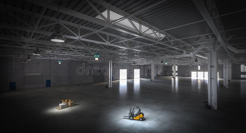 Empty Industrial Warehouse Interior with Forklift Stock Illustration ...