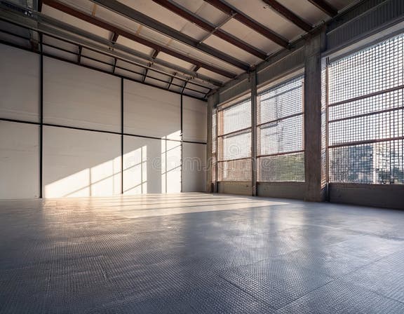 Empty Industrial Warehouse Interior with Sunlight through Gridded ...