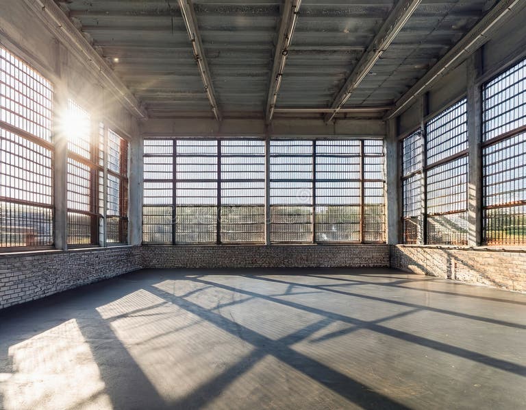 Empty Industrial Warehouse Interior with Sunlight through Gridded ...