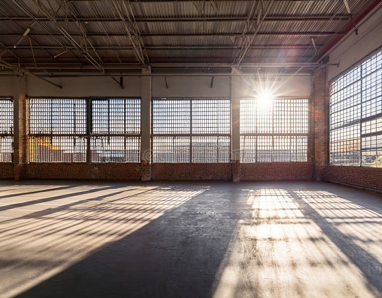 Empty Industrial Warehouse Interior with Sunlight through Gridded ...