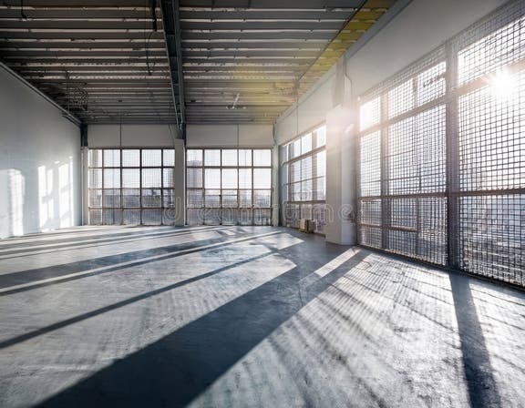 Empty Industrial Warehouse Interior with Sunlight through Gridded ...