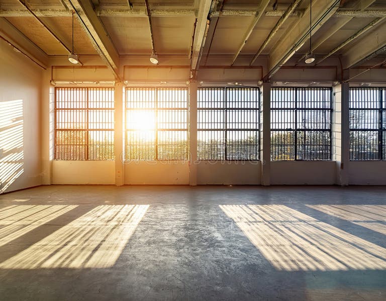 Empty Industrial Warehouse Interior with Sunlight through Gridded ...