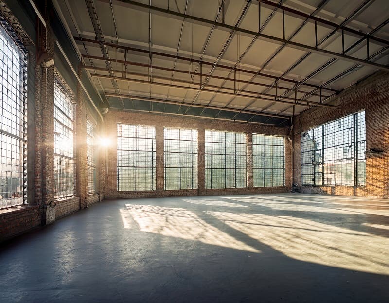 Empty Industrial Warehouse Interior with Sunlight through Gridded ...