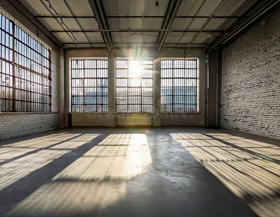 Empty Industrial Warehouse Interior with Sunlight through Gridded ...