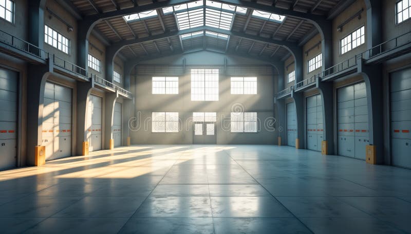 Empty Industrial Warehouse Interior Sunlight through Windows. Large ...