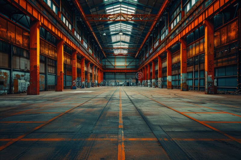 Empty Industrial Warehouse with Lighting Stock Image - Image of site ...