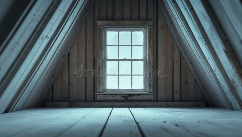 Empty Interesting Perspective of Window in Spooky Attic and Wooden ...