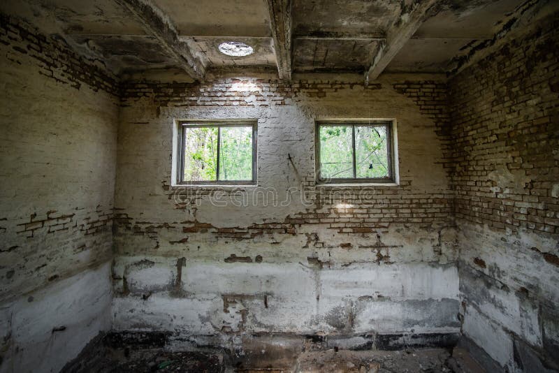 Empty Interior of an Abandoned Square Brick Building in the Afternoon ...