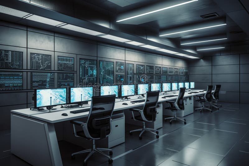 Empty Interior of Big Modern Security System Control Room, Workstation ...