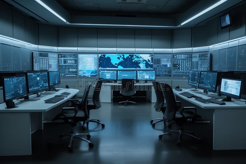 Empty Interior of Big Modern Security System Control Room, Workstation ...