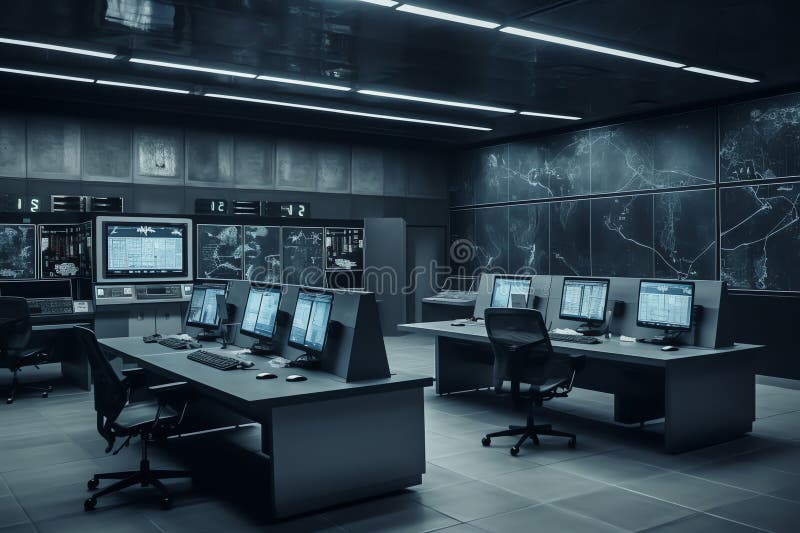 Empty Interior of Big Modern Security System Control Room, Workstation ...
