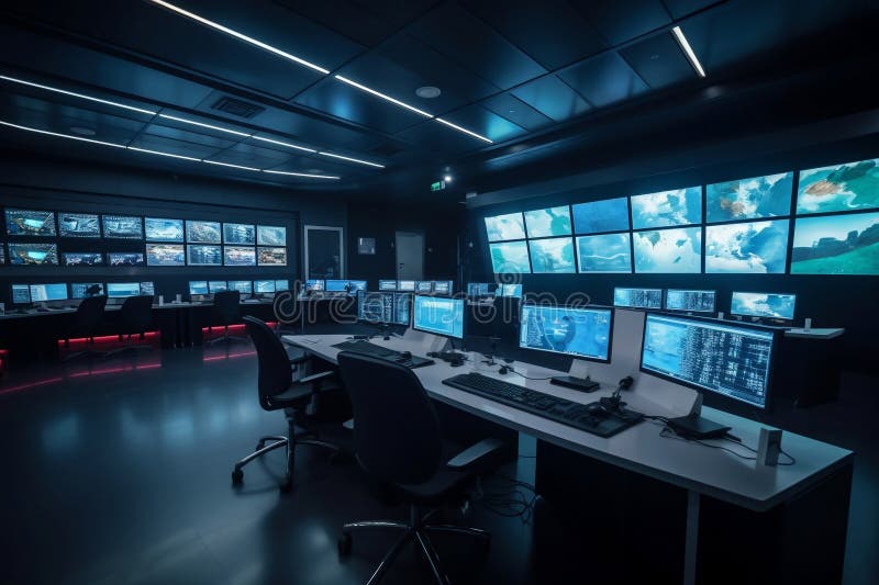 Modern Security Control Room with Multiple Displays and Empty Workspace ...