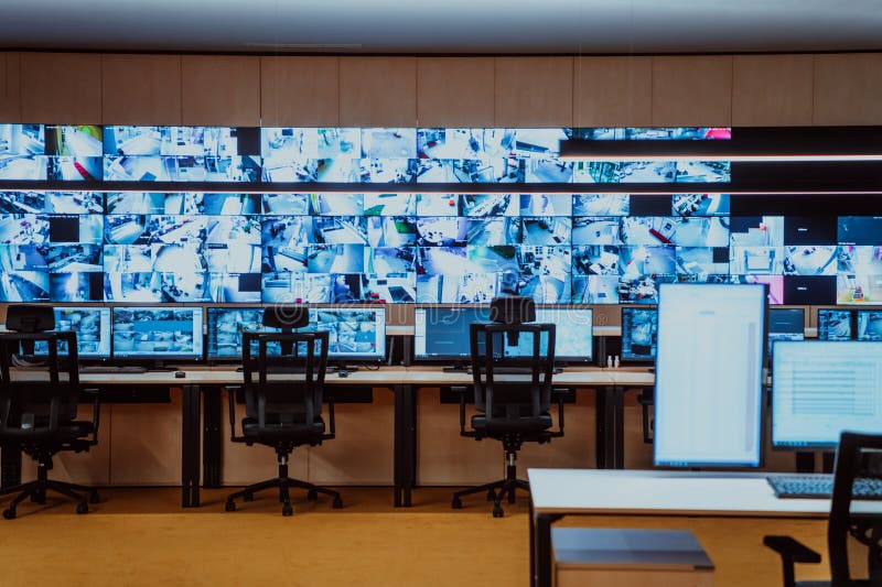 Empty Interior of Big Modern Security System Control Room, Workstation ...